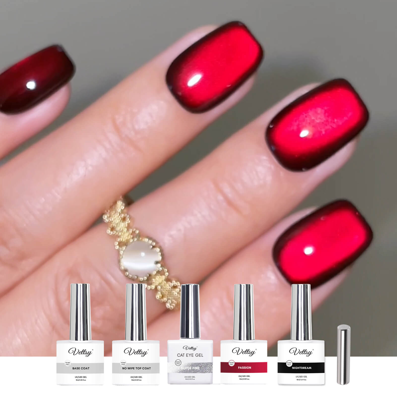 Vettsy Ruby Cat Eye Nail Set Black Red Glass Beads Nail Art Trend Set